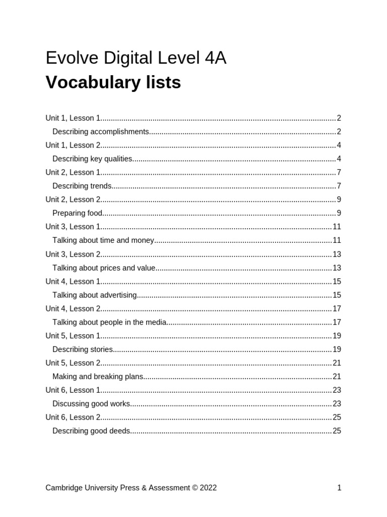 Evolve Level 4A Vocabulary Guide | PDF | Cost Of Living | Adjective