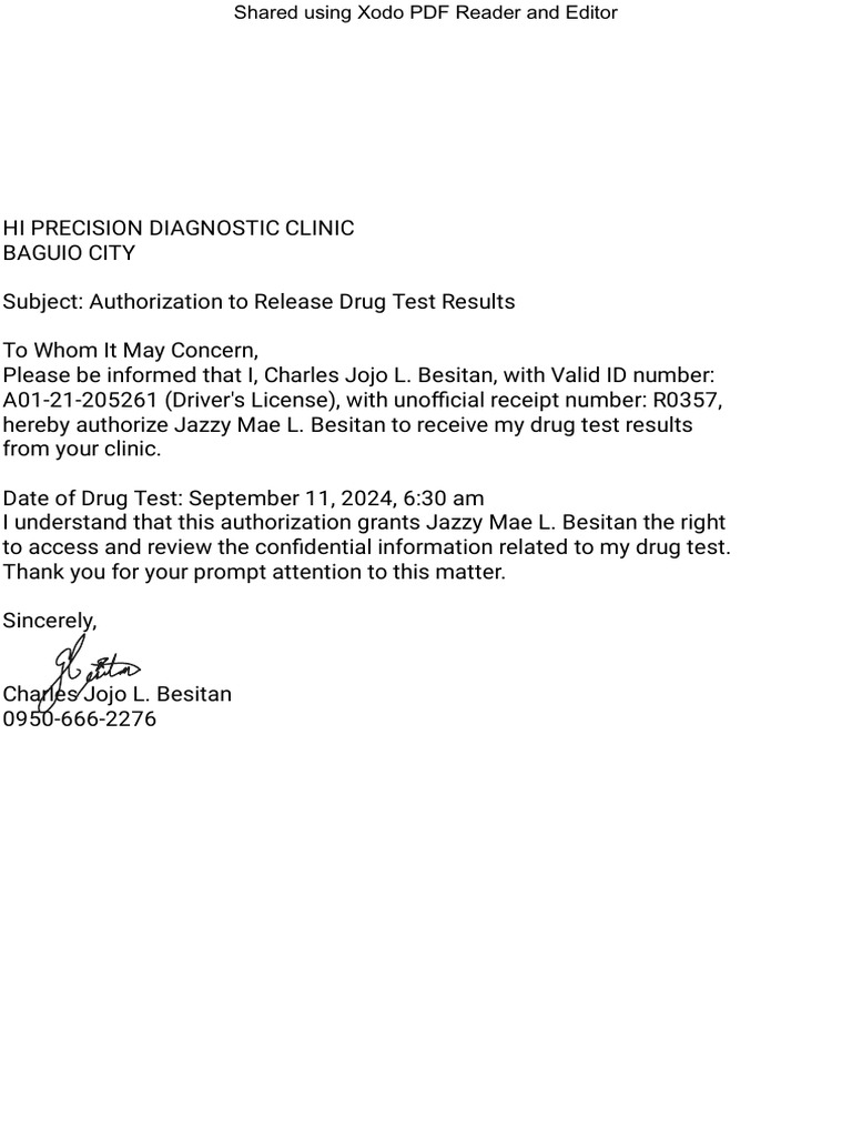 Authorization Letter Drug Test | PDF