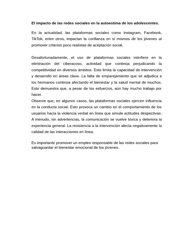 La Influencia de Las Redes Sociales en La Autoestima de Los ...