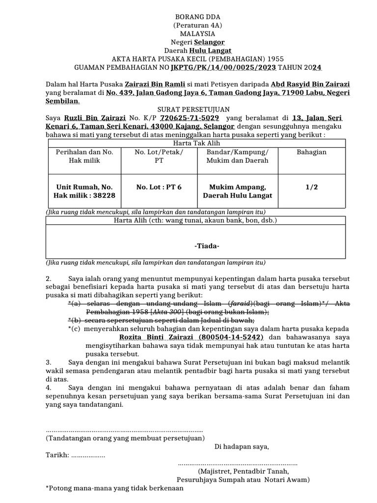 Borang Persetujuan - Bahasa Melayu Borang DDA - RUZLI BIN ZAIRAZI | PDF