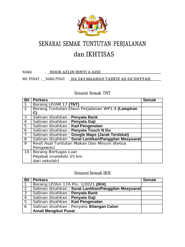Senarai Semak Tuntutan Perjalanan | PDF