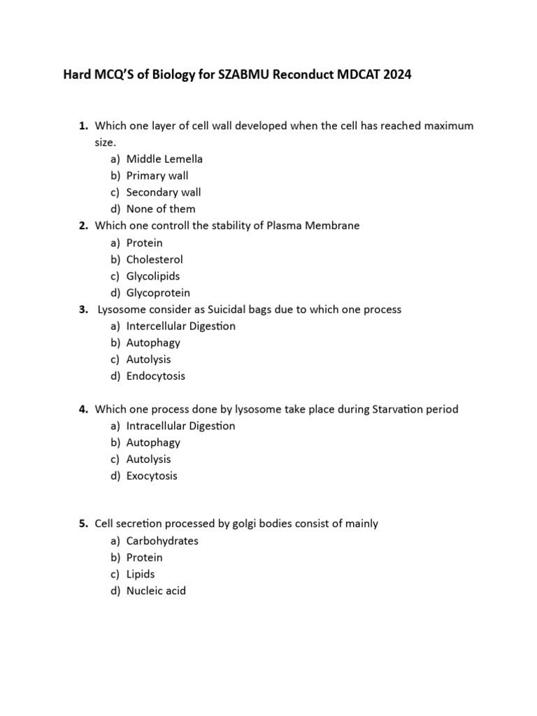SZABMU Biology 1-5 Chapters MCQ's | PDF | Cell Membrane | Vacuole