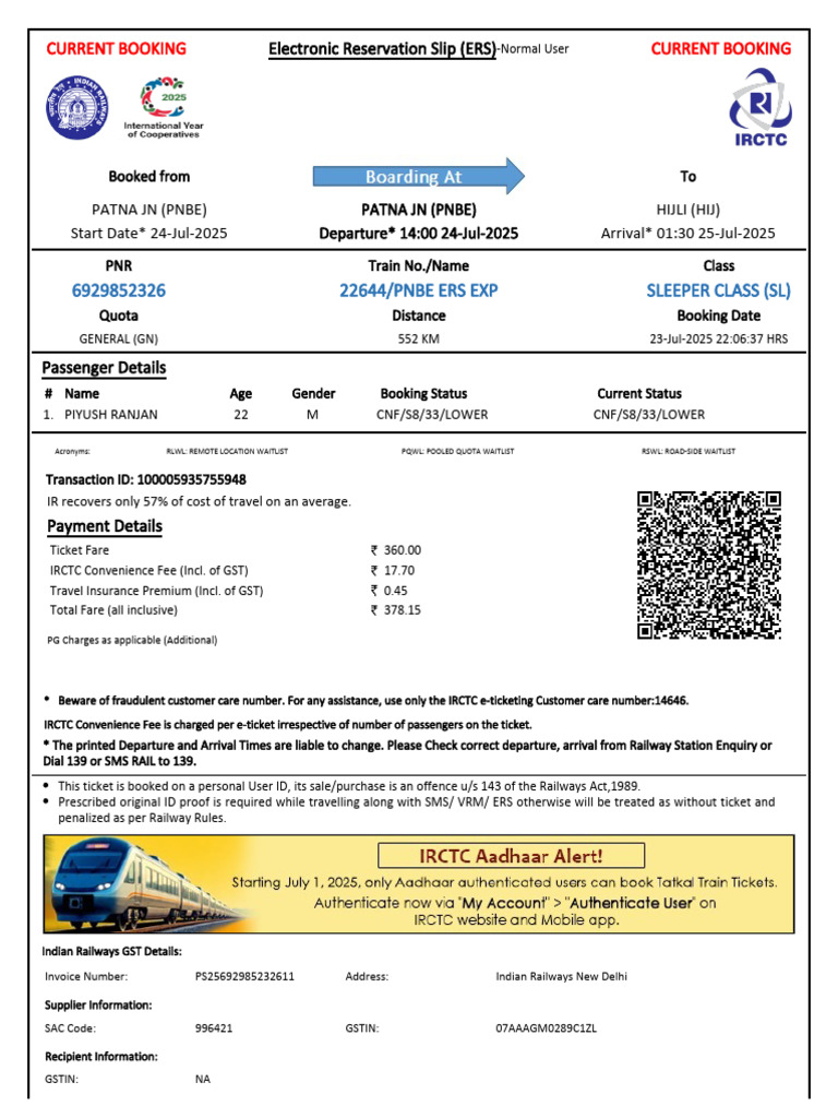 22644/PNBE ERS EXP Sleeper Class (SL) | PDF | Identity Document | Payments