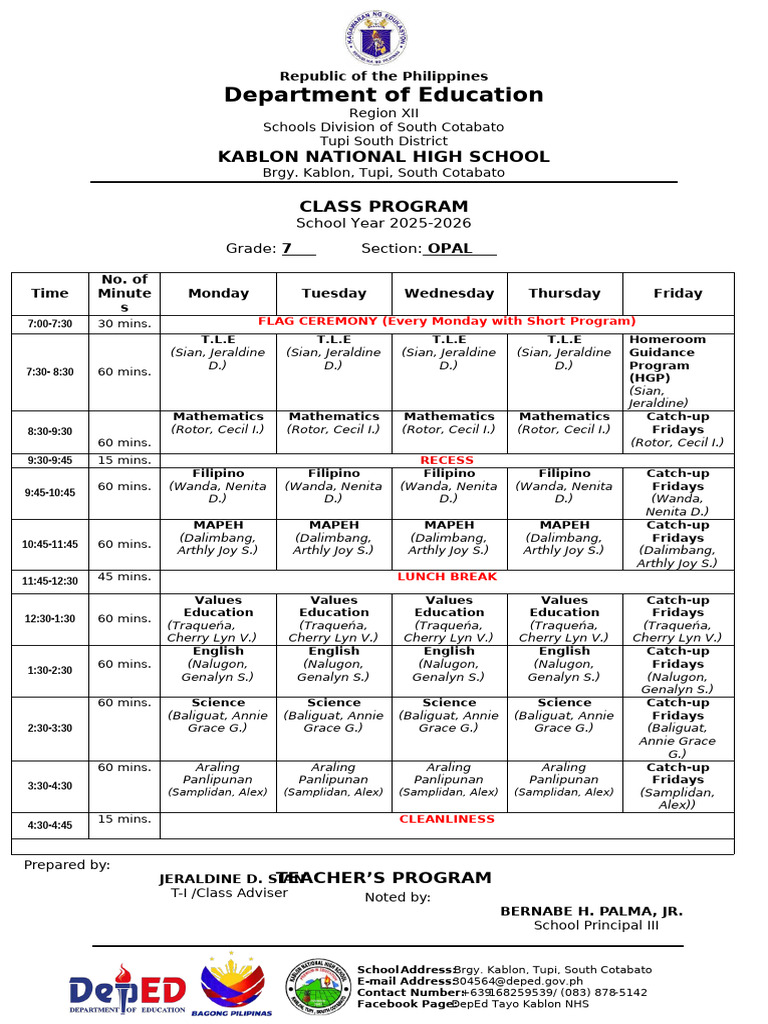 Kablon National High School Class Program | PDF | Asia | Southeast Asia
