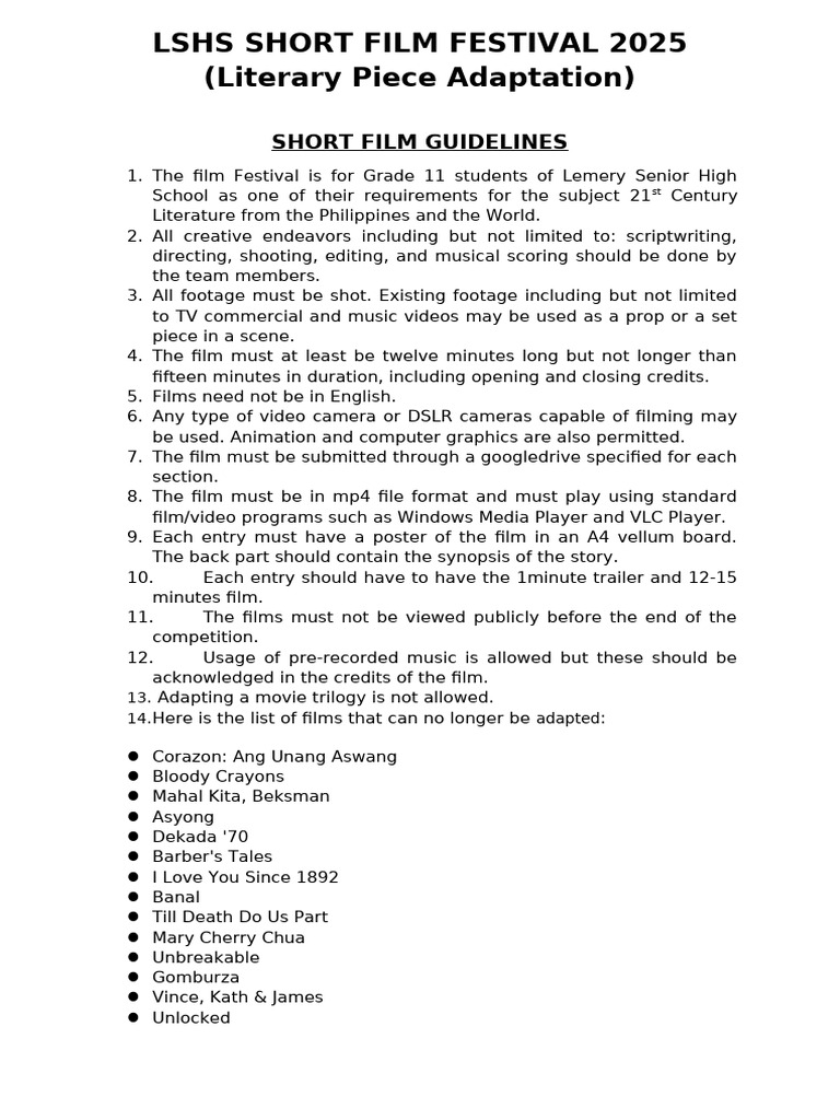 LSHS Short Film Festival 2025 Guidelines | PDF