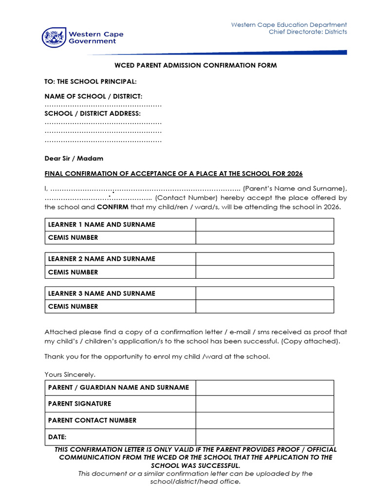 WCED Parent Admission Confirmation 2026 | PDF
