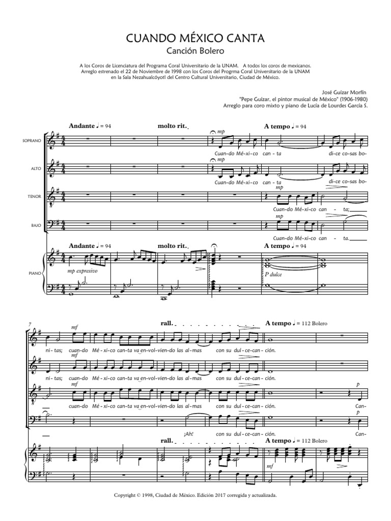 CUANDO MÉXICO CANTA Partitura Coro Mixto y Piano | PDF | Coro ...