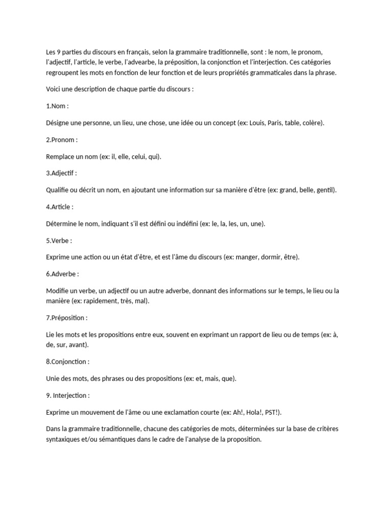 Les 9 parties du discours en français | PDF