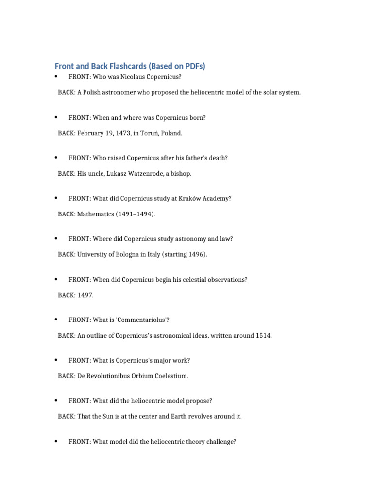 PDF Flashcards Front and Back | PDF | Nicolaus Copernicus | Heliocentrism