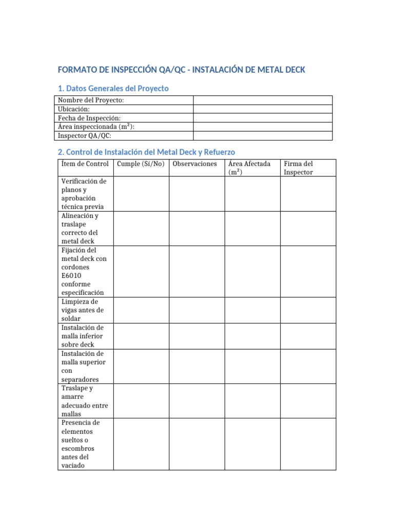 Inspección QA/QC Instalación Metal Deck | PDF