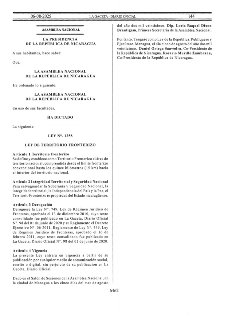 Ley 1258: Territorio Fronterizo en Nicaragua | PDF | Nicaragua | Gobierno
