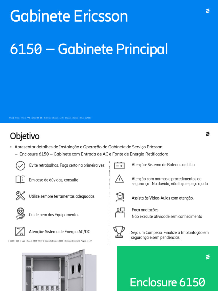 Instalação do Gabinete Ericsson 6150 | PDF | Calor | Alternador de ...