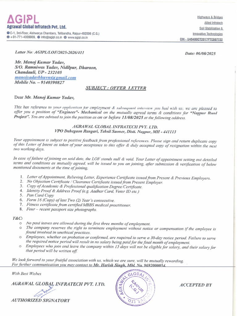 Offer Letter - Mr. Manoj Kumar Yadav | PDF