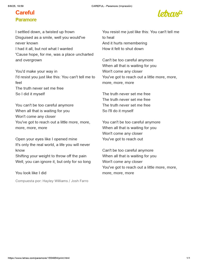 CAREFUL - Paramore (Impresión) | PDF