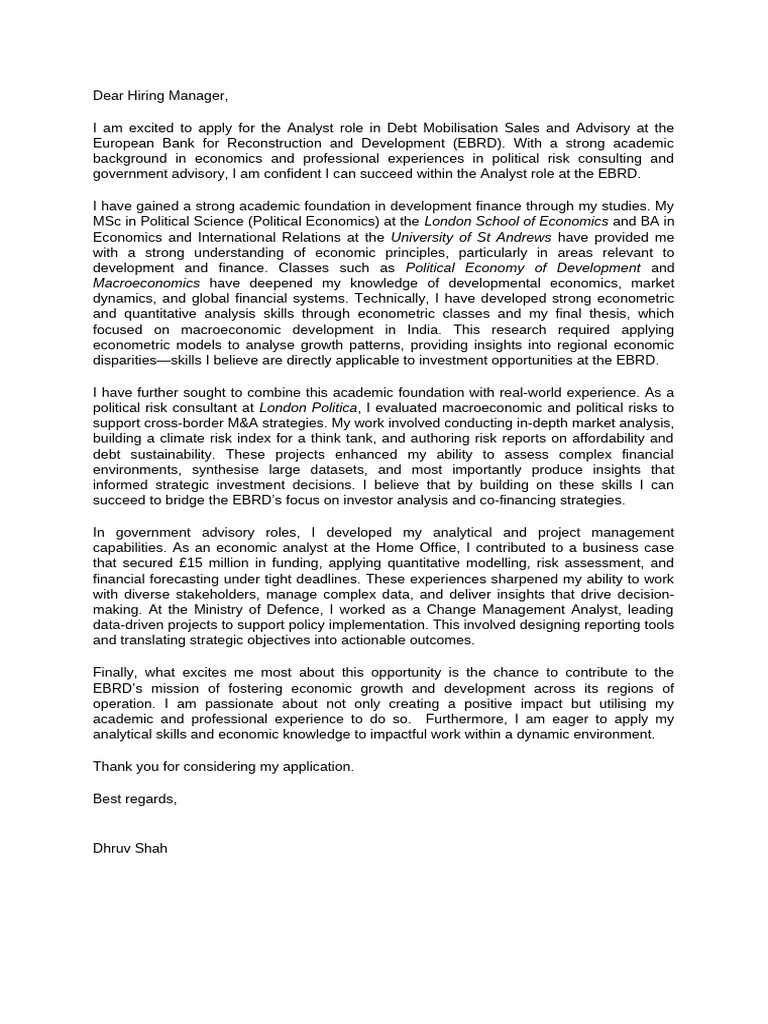 EBRD Analyst Application by Dhruv Shah | PDF | Economics | Risk