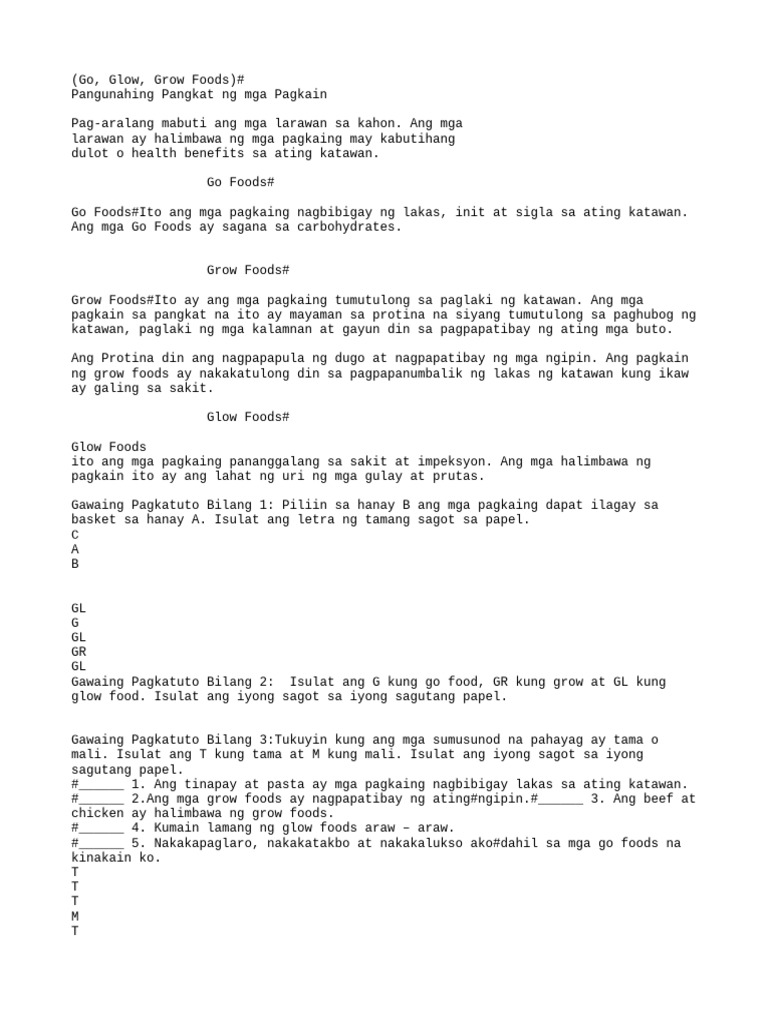 WEEK 4 HEALTH Pangunahing Pangkat NG Mga Pagkain (Autosaved) | PDF