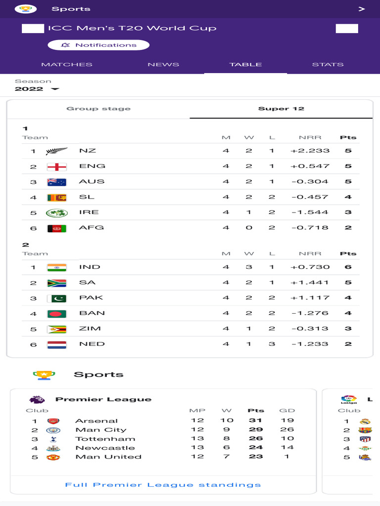 2022 ICC Men's T20 World Cup Standings | PDF