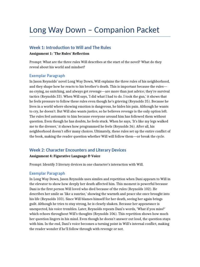 Long Way Down Companion Packet With Exemplars | PDF