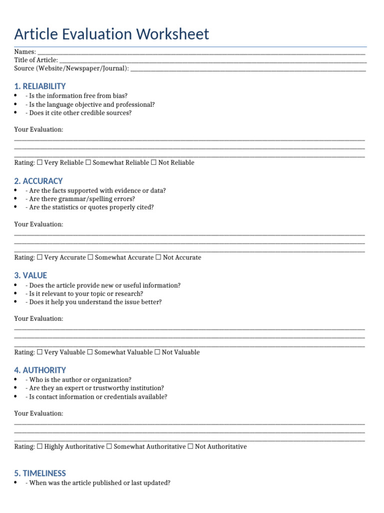 Article Evaluation Worksheet | PDF | Accuracy And Precision | Cognition