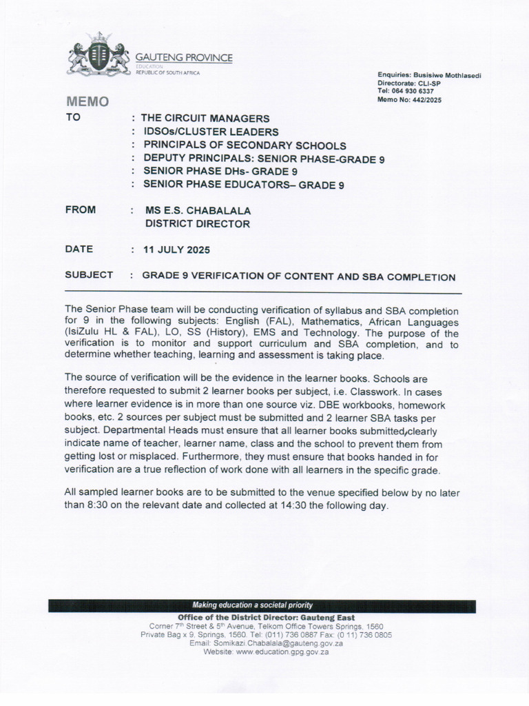 Grade 9 Content and Sba Verification Memo Term 3 2025 | PDF