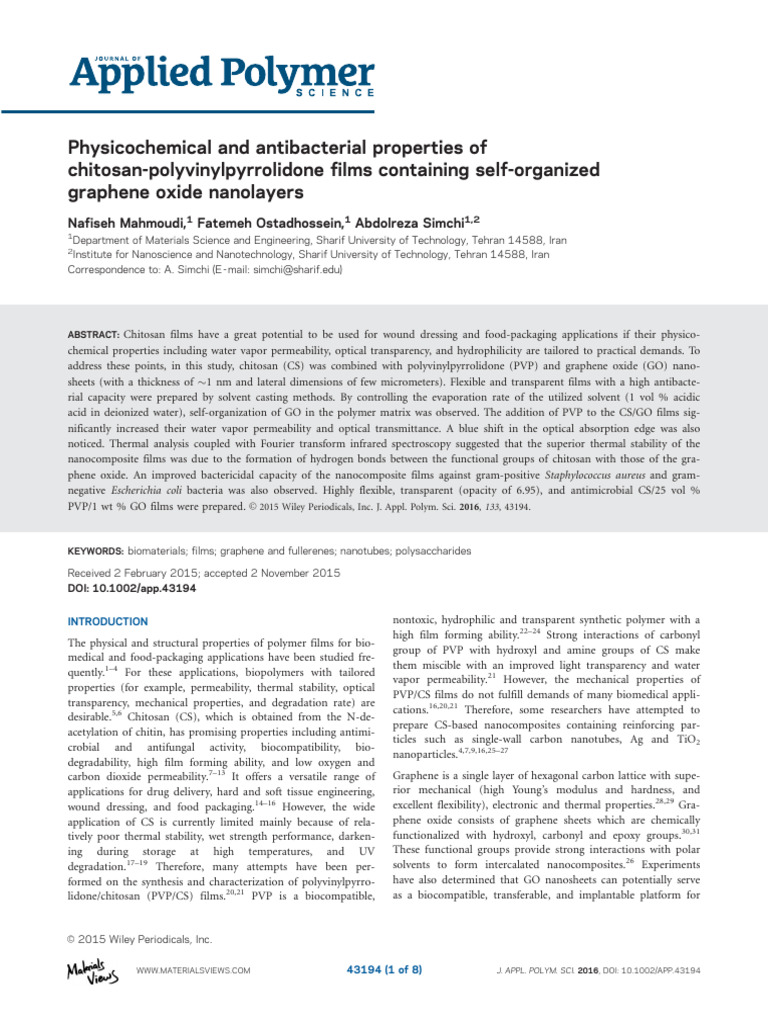 J of Applied Polymer Sci - 2015 - Mahmoudi - Physicochemical and Antibacterial Properties of ...
