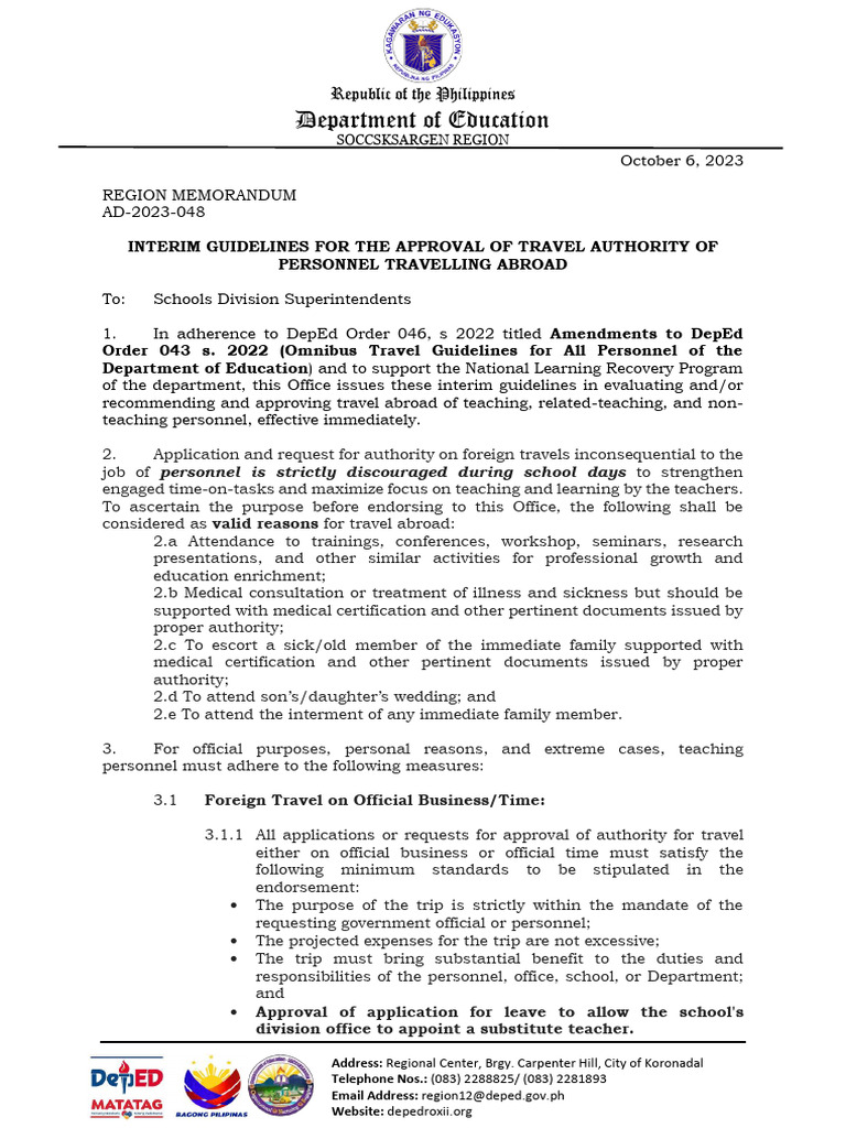 Region Memorandum Ad-2023-048 Interim Guidelines For The Approval of ...