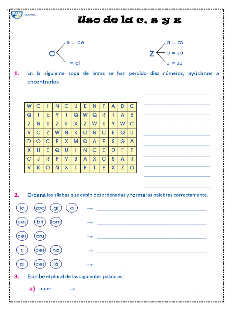 Actividades de ortografía con c, s y z | PDF