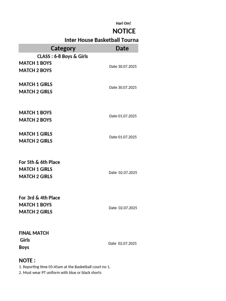 Reschedule Fixture Inter House Basketball Class 6-8 Boys & Girls | PDF