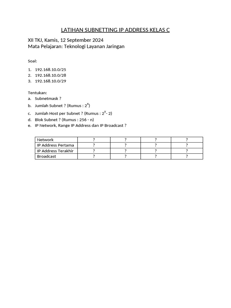 Latihan Subnetting Ip Address Kelas C | PDF