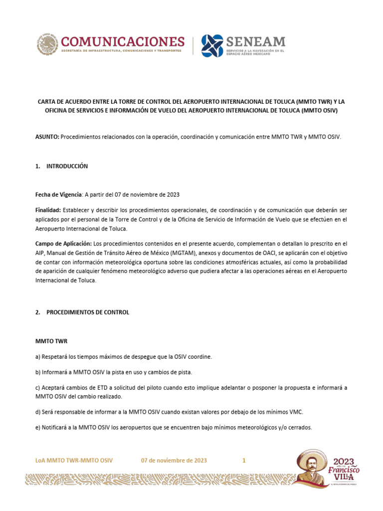 Carta Acuerdo Mmto Twr - Mmto Osiv Definitiva | PDF | Control de tráfico aéreo | Seguridad de la ...