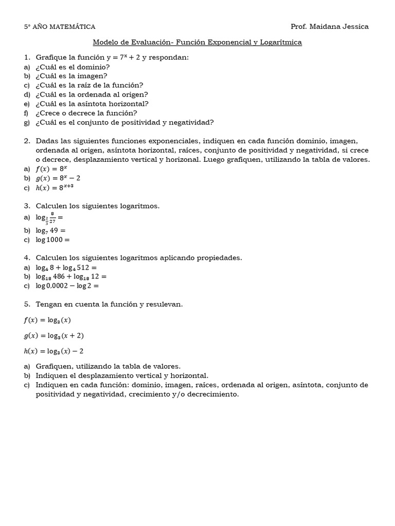 5° Año - Modelo de Función Exponencial y Logaritmica | PDF