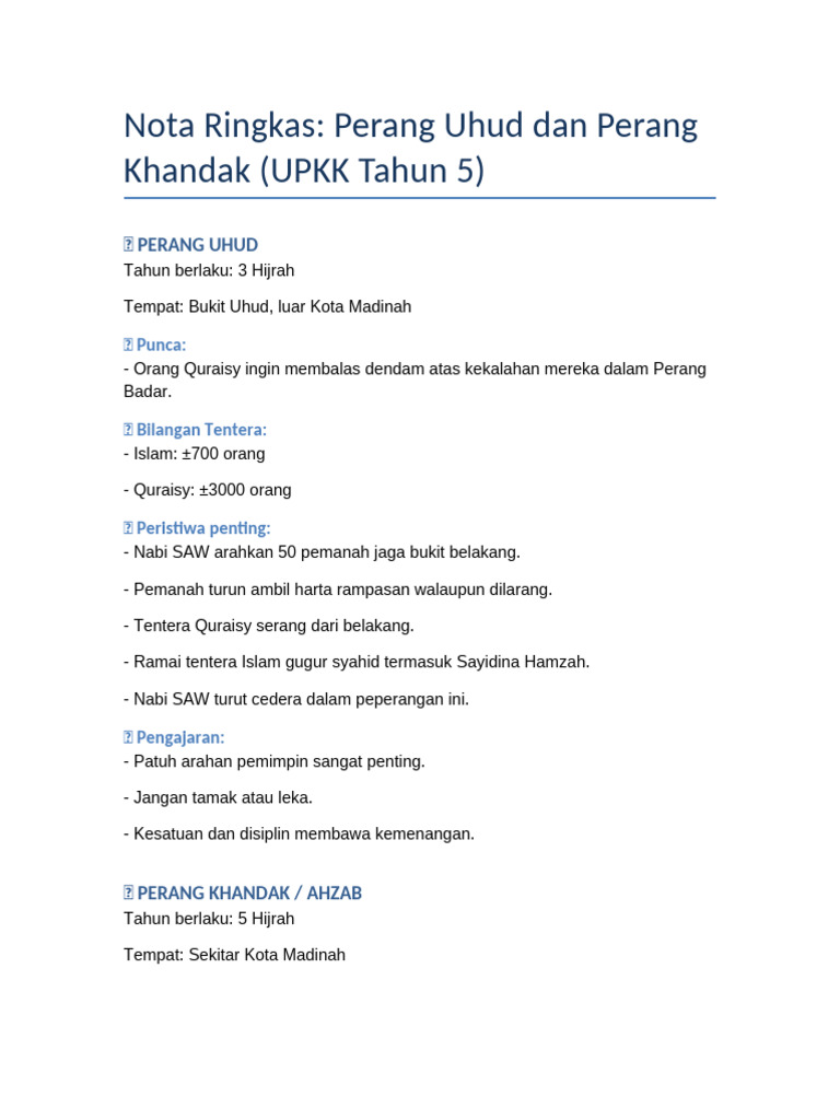 Nota Ringkas Perang Uhud dan Khandak | PDF