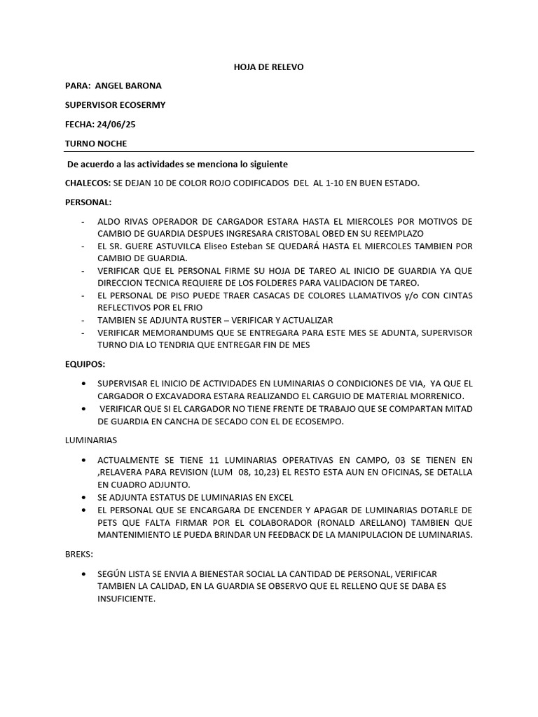 Hoja de Relevo y Estado de Equipos | PDF