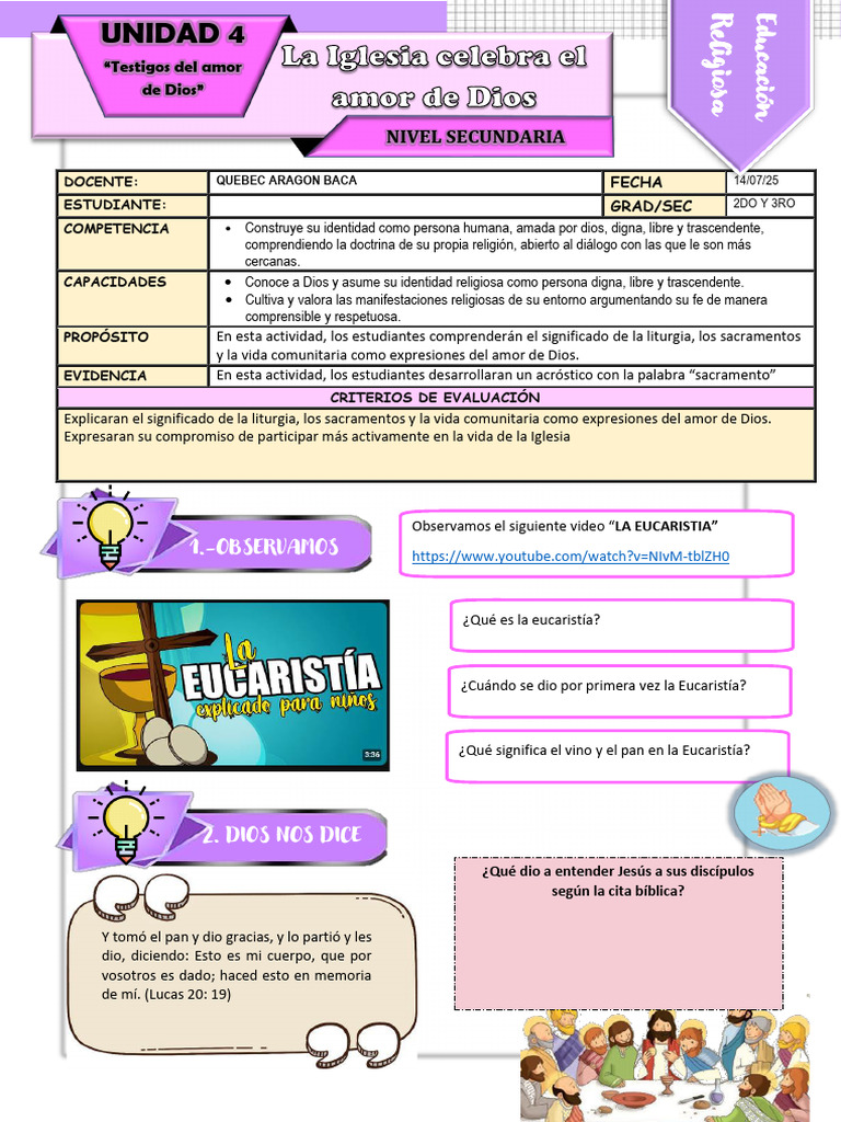 Ficha de Actividad Sem 4 Religion Vi | PDF | Sacramentos | eucaristía