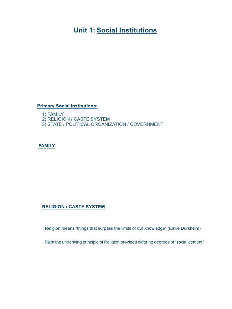 Unit 01 Social Institutions | PDF | Caste | Social Psychology