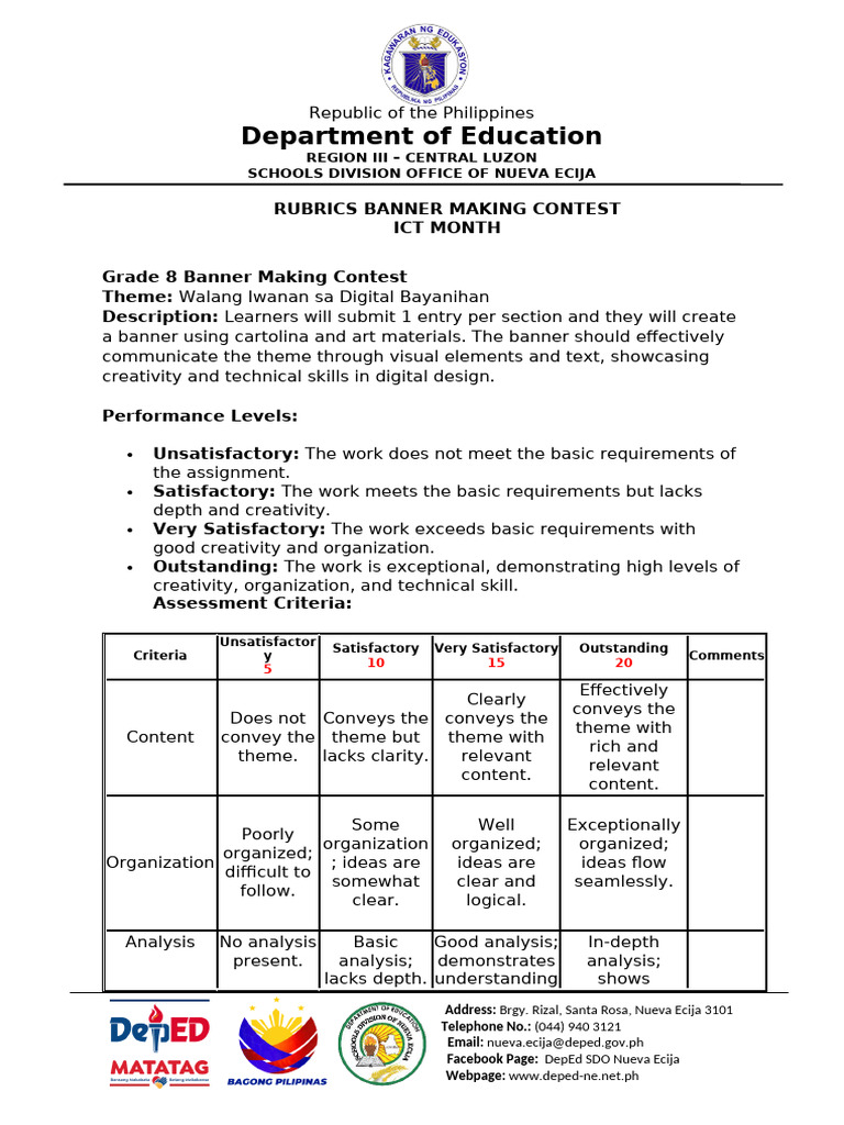 Grade 8 Banner Contest Rubric Guide | PDF | Cognition | Learning