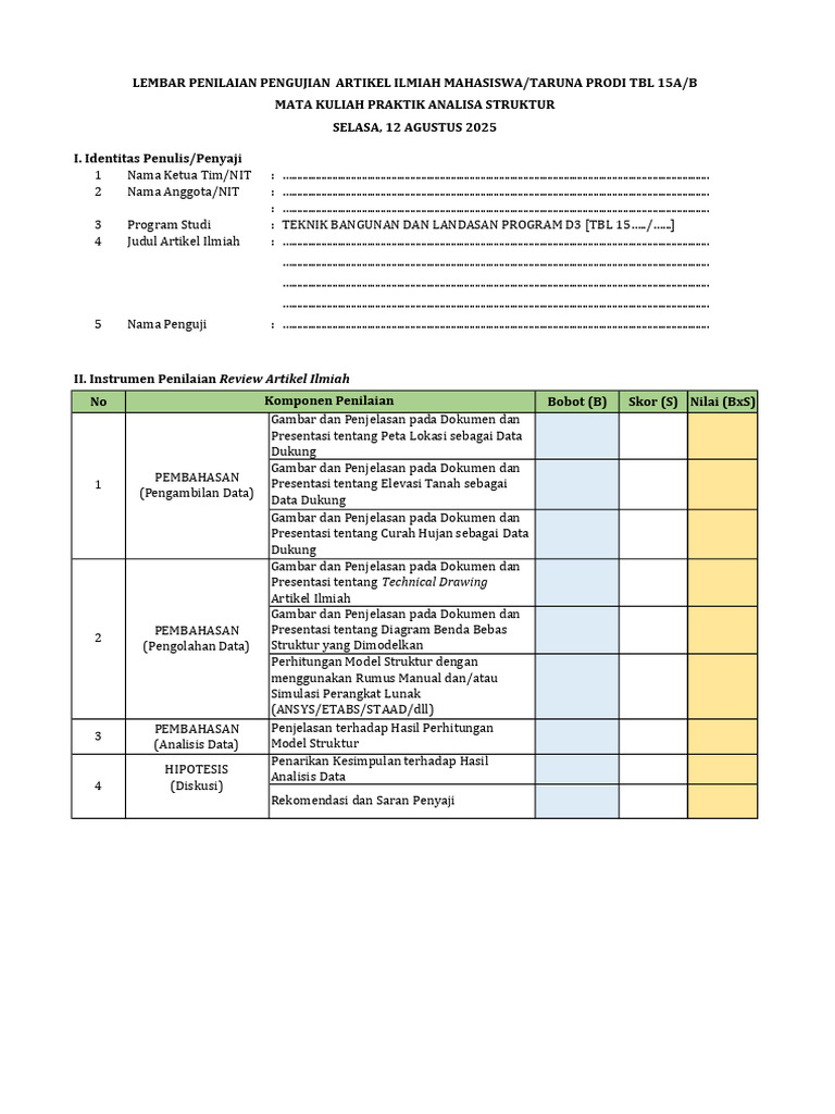 (Uas Anstruk) Kriteria Penilaian Ujian Tugas Akhir Praktik MK Analisa Struktur Tbl15ab | PDF