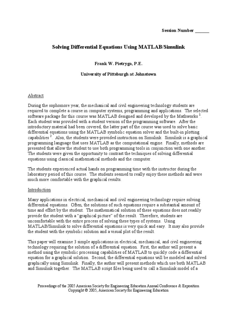 Simulink Tutorial On Solving Ode Pdf Matlab Equations 8531