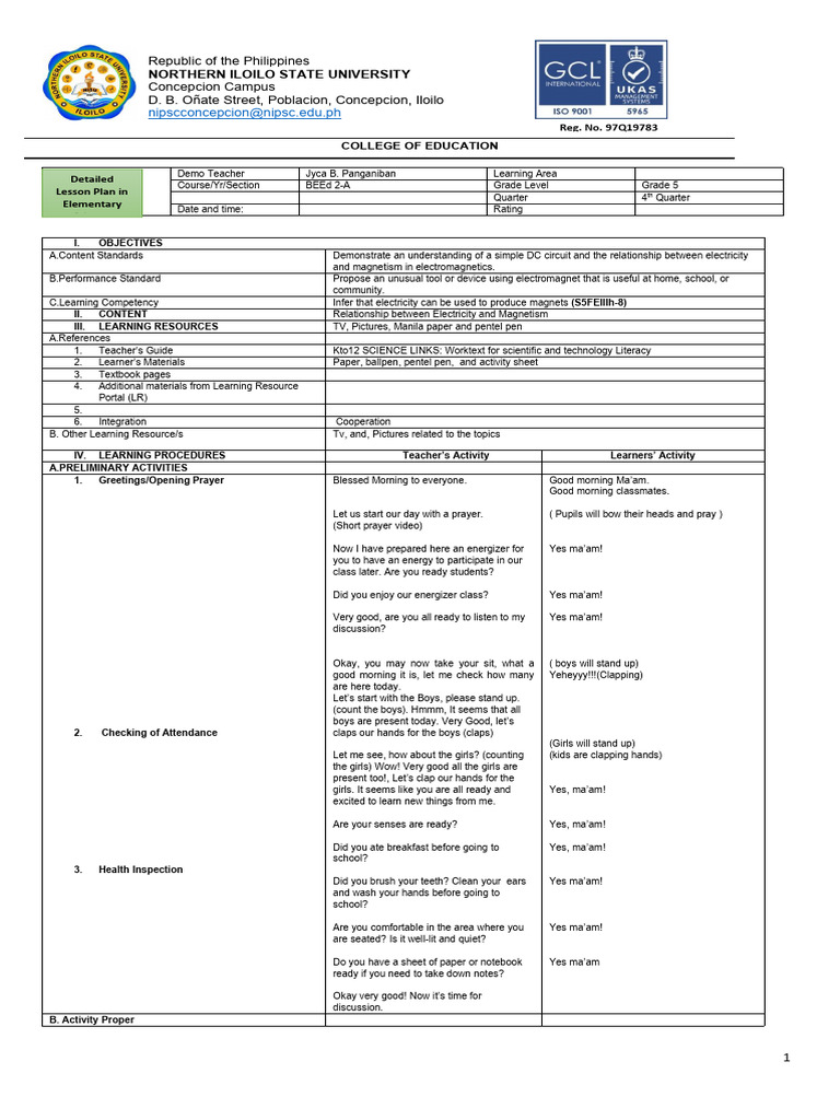 Grade 5 Science Lesson Plan: Electricity & Magnetism | PDF ...