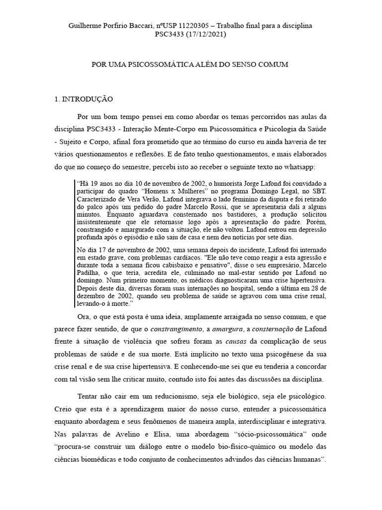 Psicossomática: Mente e Corpo em Diálogo | PDF | Emoções | Psicanálise
