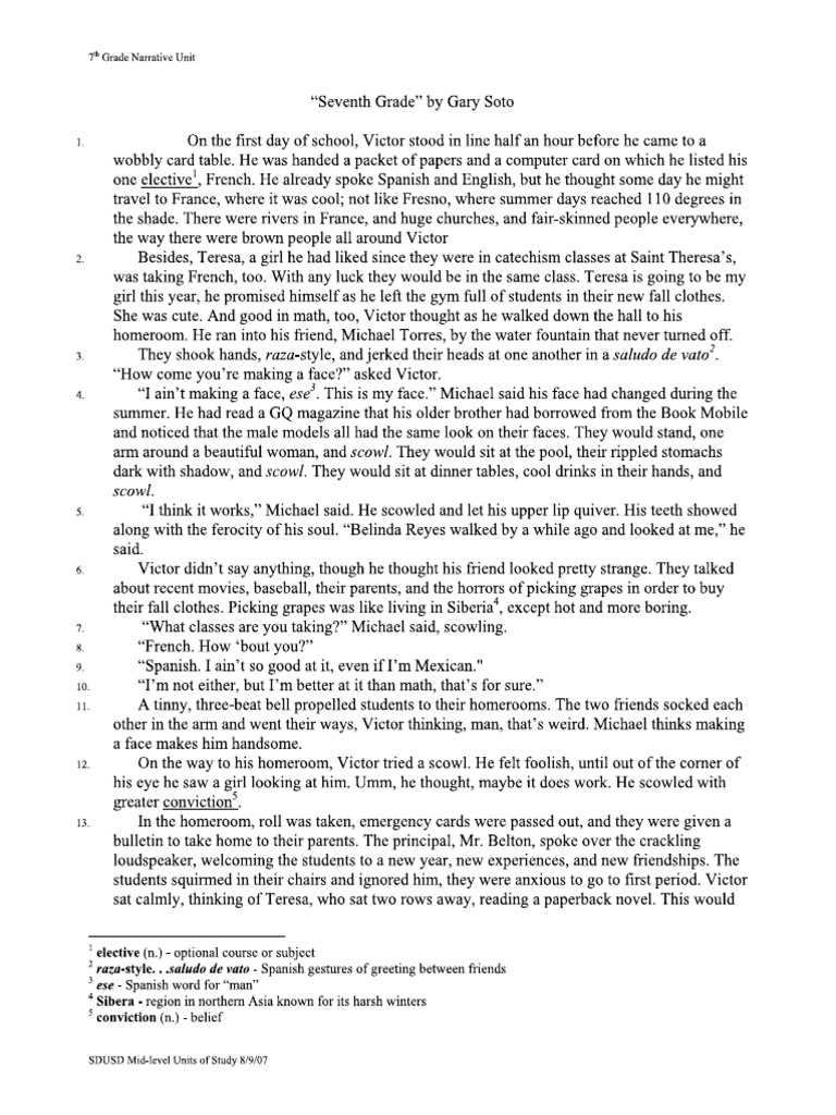 Seventh Grade Gary Soto | PDF