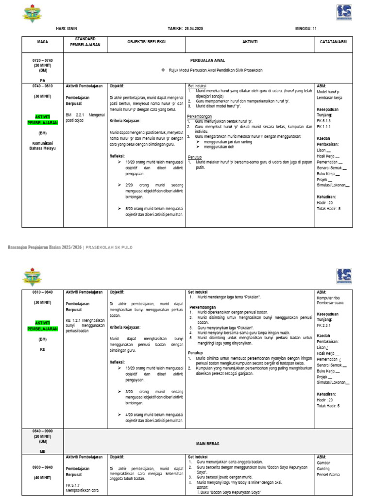 Rancangan Pengajaran Harian Prasekolah 2025 | PDF