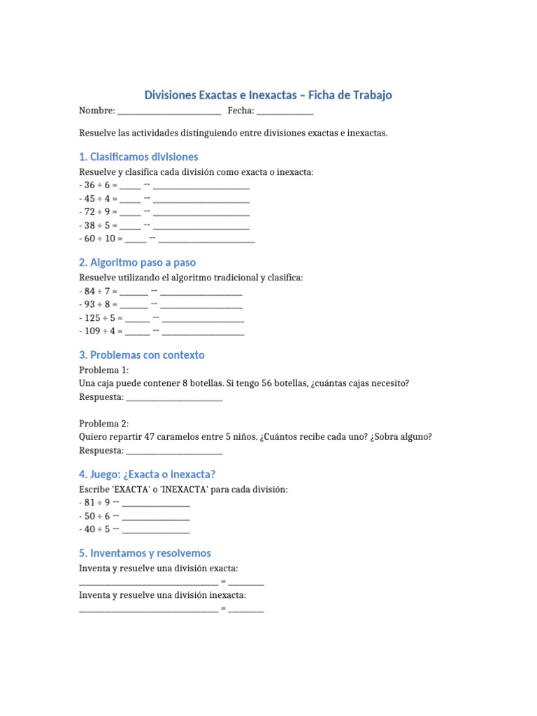 Ficha de Divisiones Exactas e Inexactas | PDF