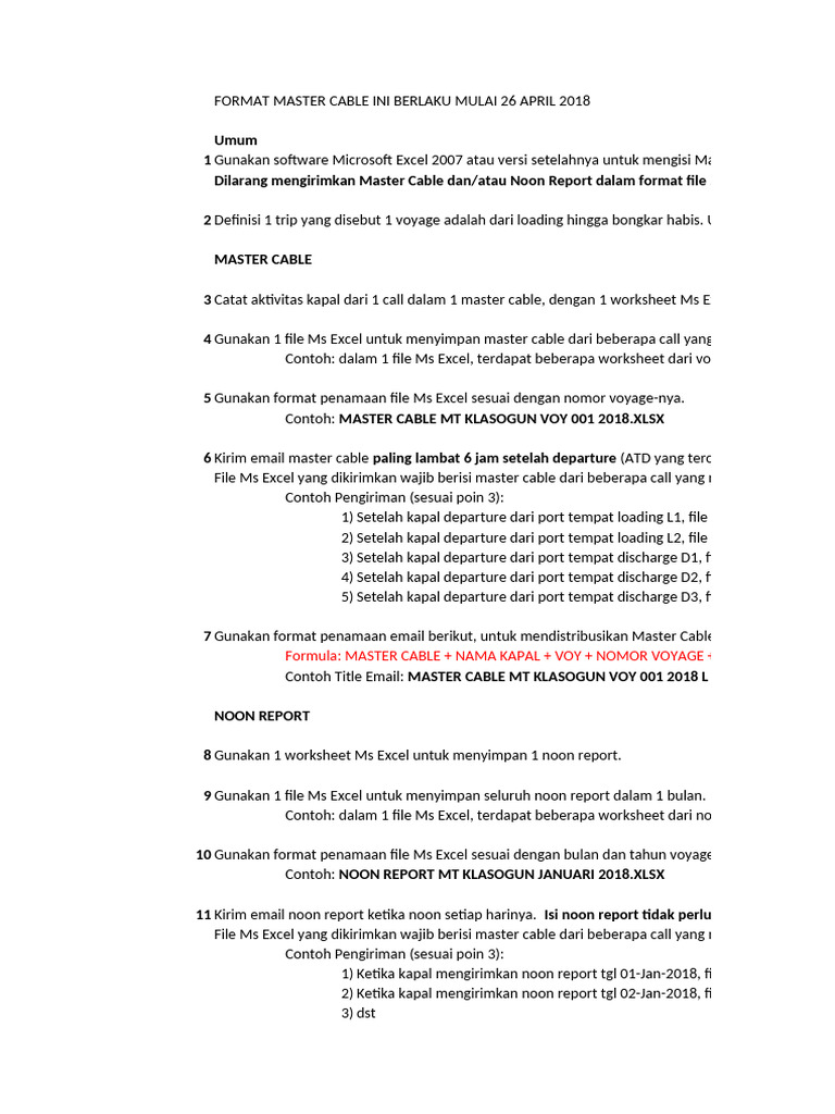 Panduan Format Master Cable dan Noon Report | PDF