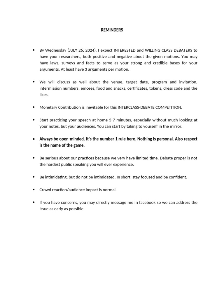 Interclass Debate Competition Guidelines | PDF