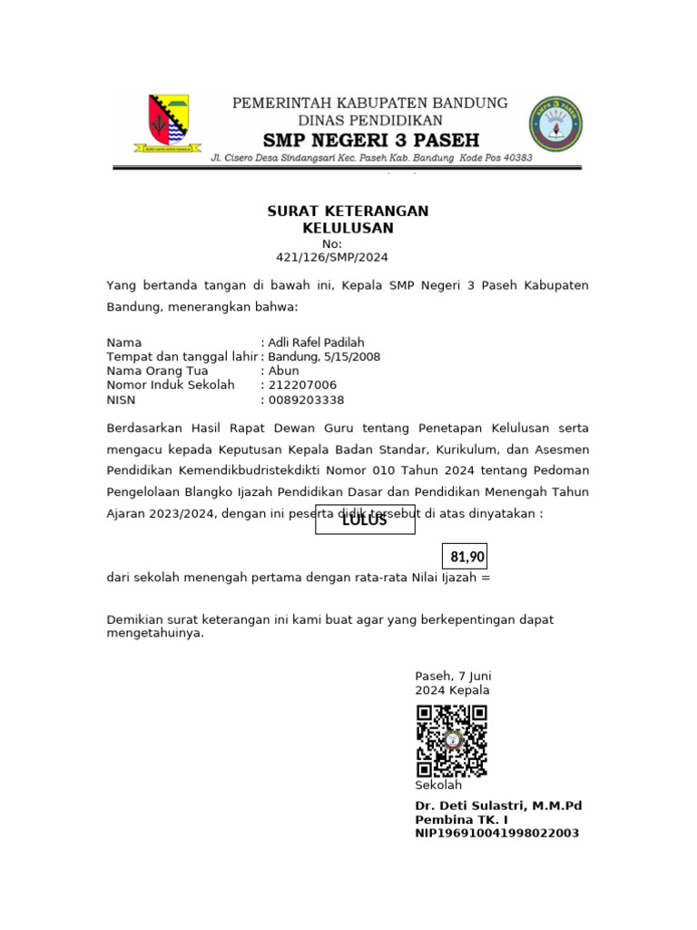 Surat Keterangan Kelulusan SMP | PDF