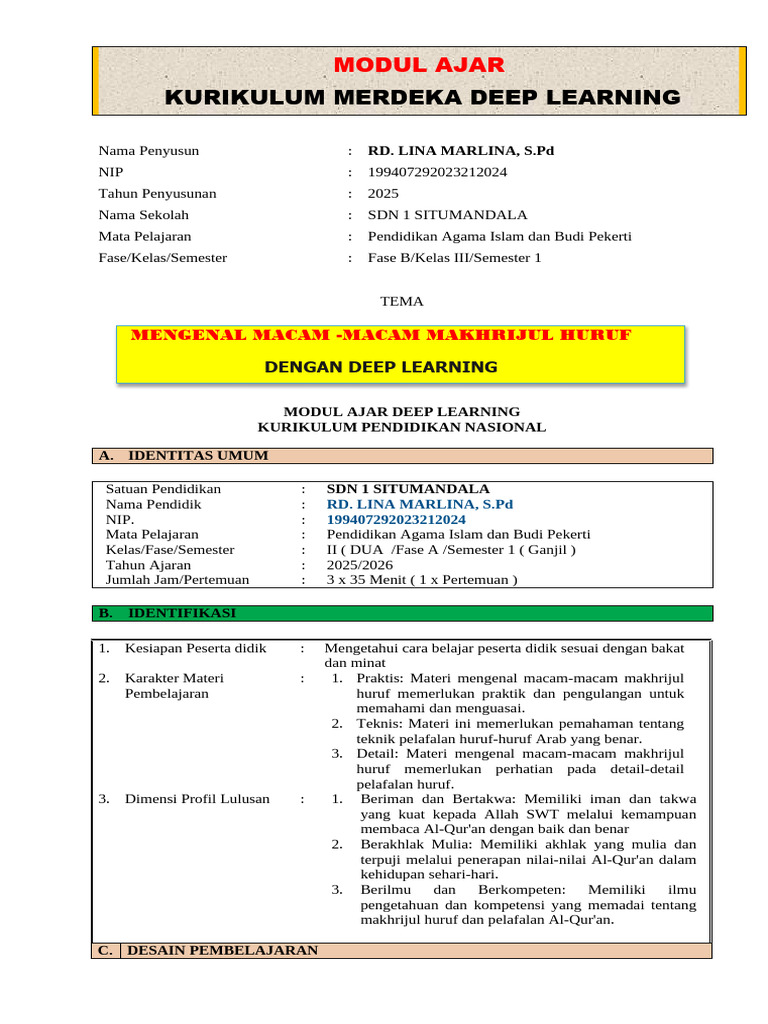 Modul Ajar Makhrijul Huruf SDN 1 Situmandala | PDF