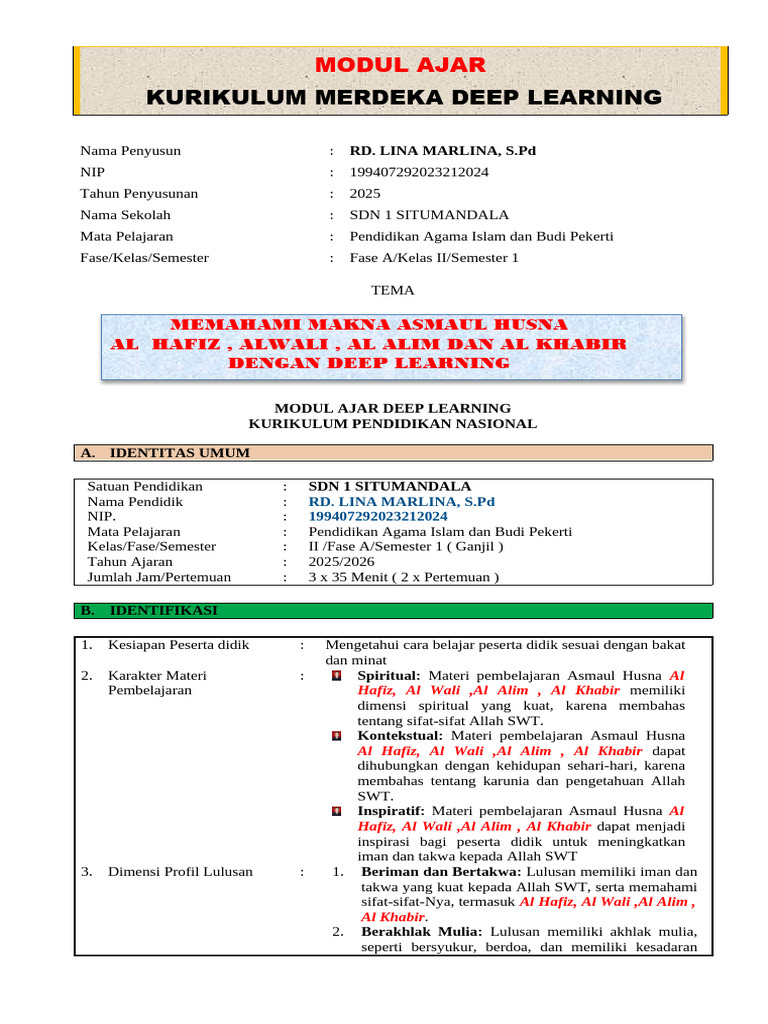 Modul Ajar PM Kelas 2 Bab 2 Memahami Al Hafiz Al Wali Al Alim Dan Al Khabir | PDF