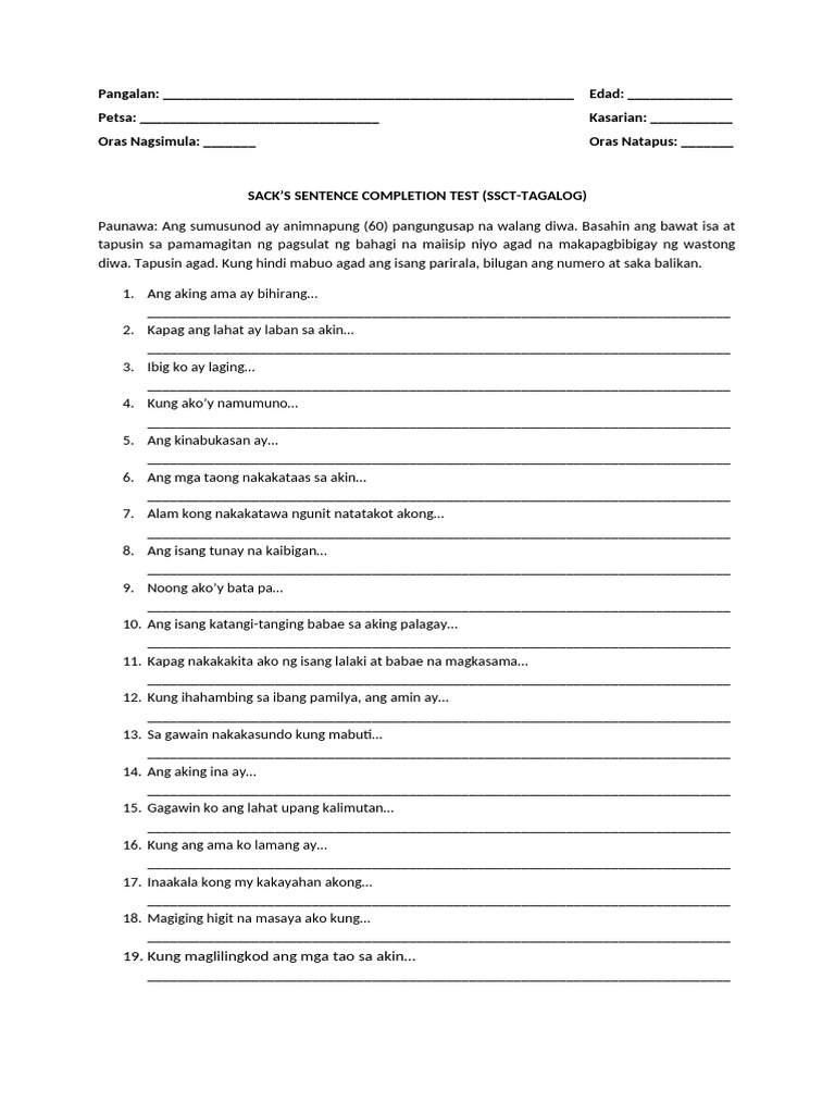 Sacks Sentence Completion Test TAGALOG | PDF