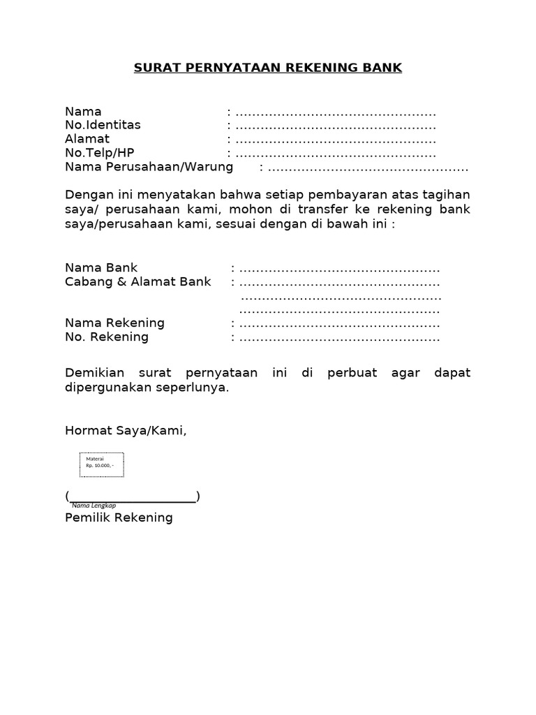 Surat Pernyataan Rekening Bank Perusahaan | PDF